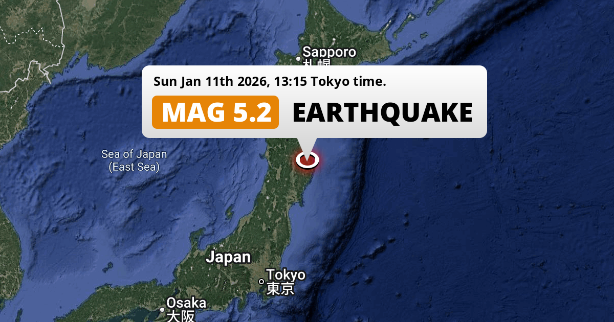 Significant M5.2 Earthquake hit near Miyako in Japan on Sunday Afternoon.